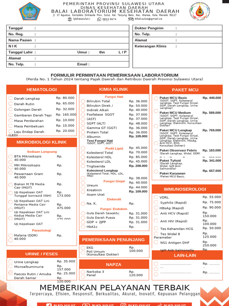 Form Pemeriksaan Lab BLKD 2024 (PERDA NO. 1 THN 2024) | PDF