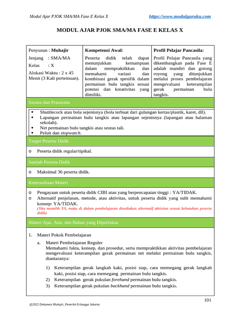 05 Modul Ajar PJOK Permainan Bulutangkis Kelas X Sma Fase E | PDF