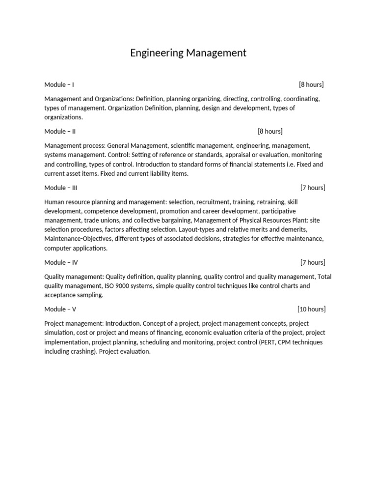 Engineering Management Syllabus | PDF