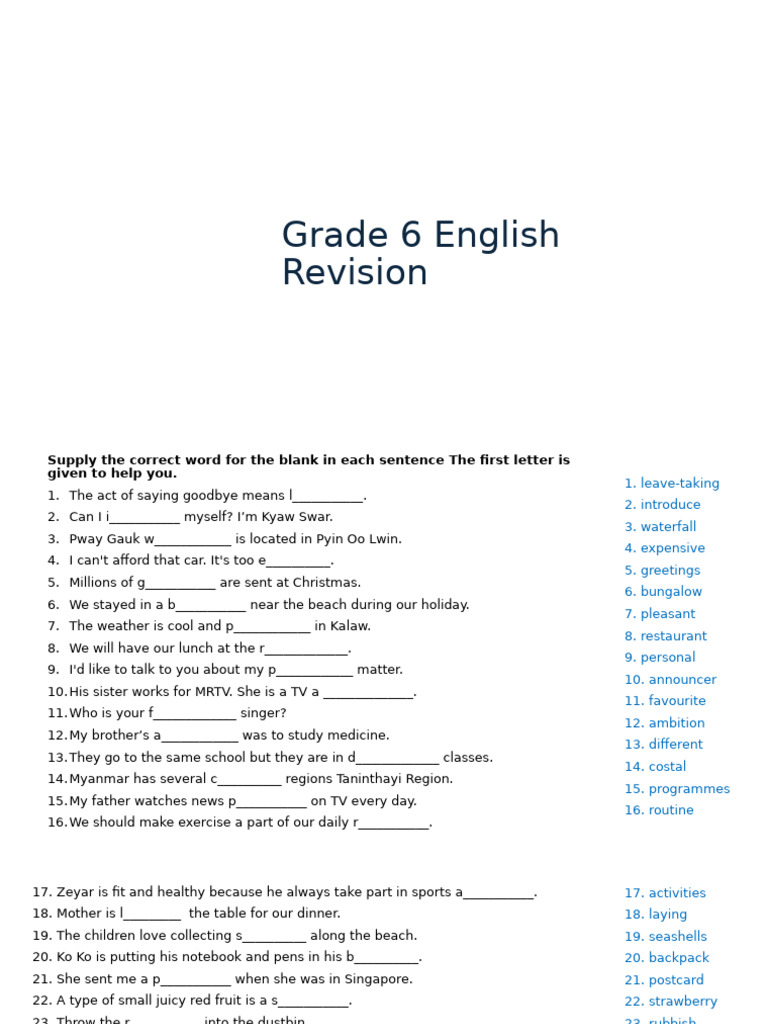 Grade 6 English Revision 1 Emtt | PDF