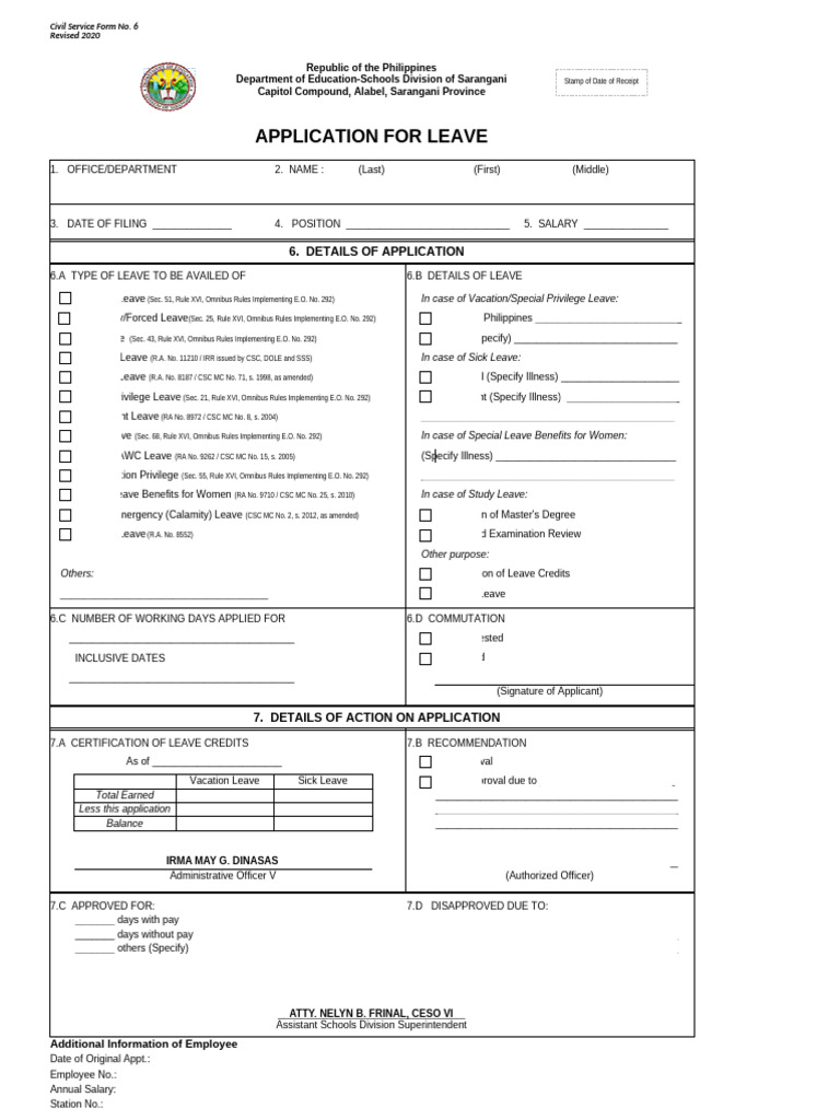 Leave Form CS Form No. 6, Revised 2020 (14days and Below) | PDF