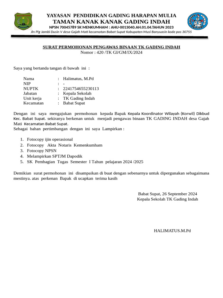 Surat Permohonan Pengawas TK E-Kin | PDF