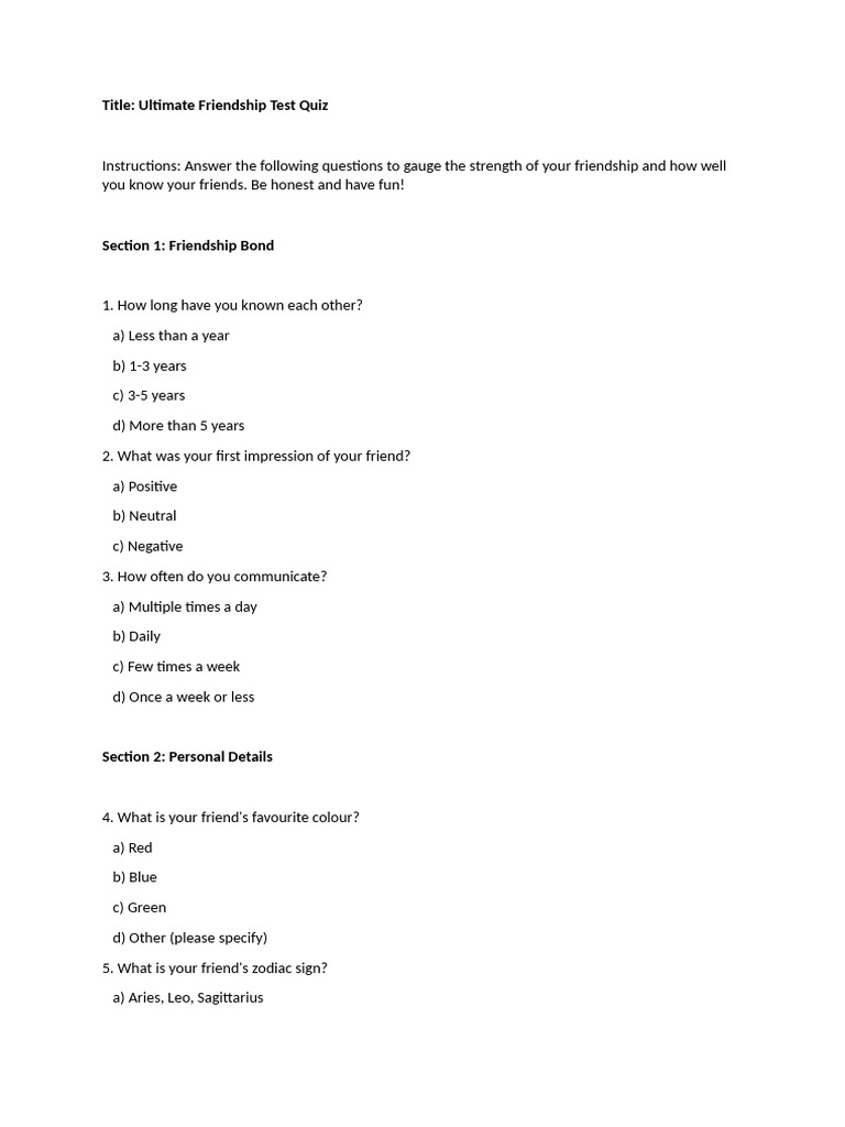 THE ULTIMATE FRIENDSHIP DAY QUIZ | PDF