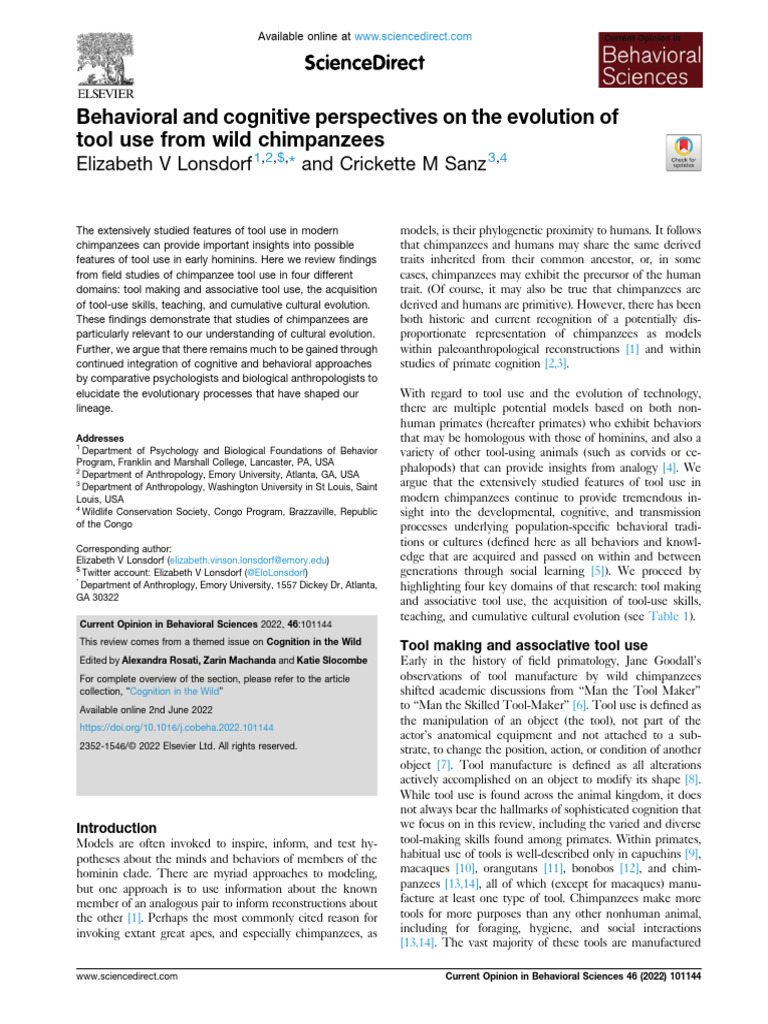 Behavioral and Cognitive Perspectives On The Evol - 2022 - Current Opinion in Be | PDF