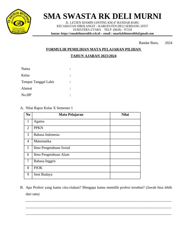 Formulir Pemilihan Mata Pelajaran Pilihan 2024 | PDF