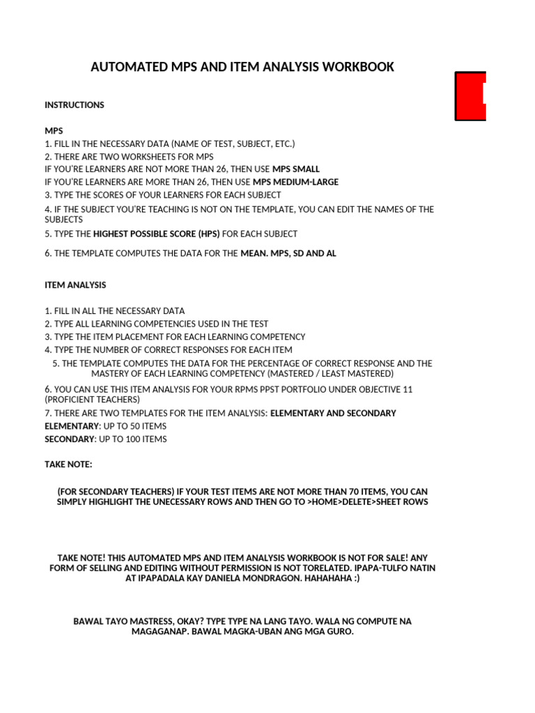 MPS and Item Analysis | PDF | Teachers | Learning
