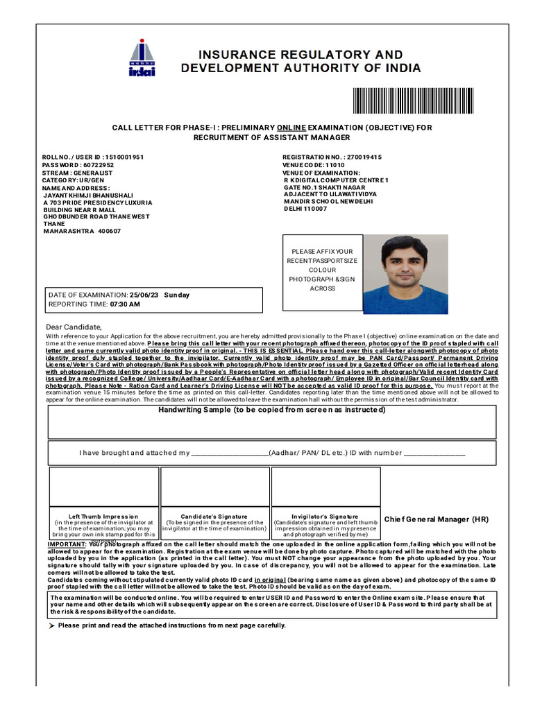 Irdai Assistant Manager 2023 Admit Card | PDF