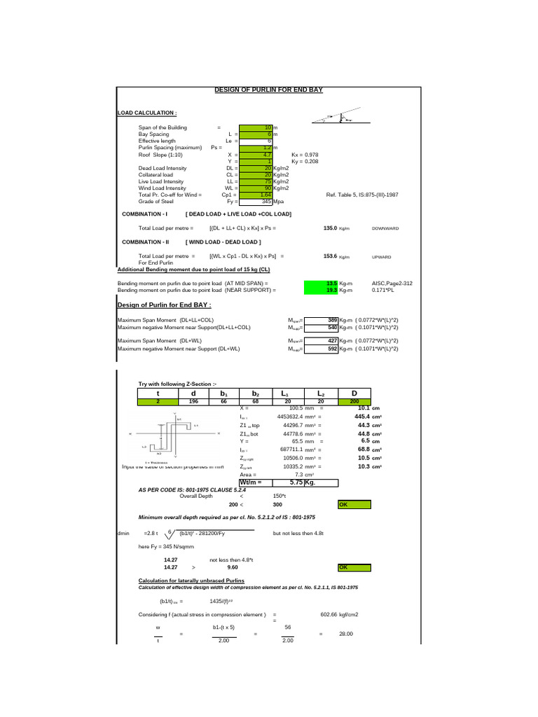 Purlin Design Calculation for End Bay | PDF | Structural Engineering ...
