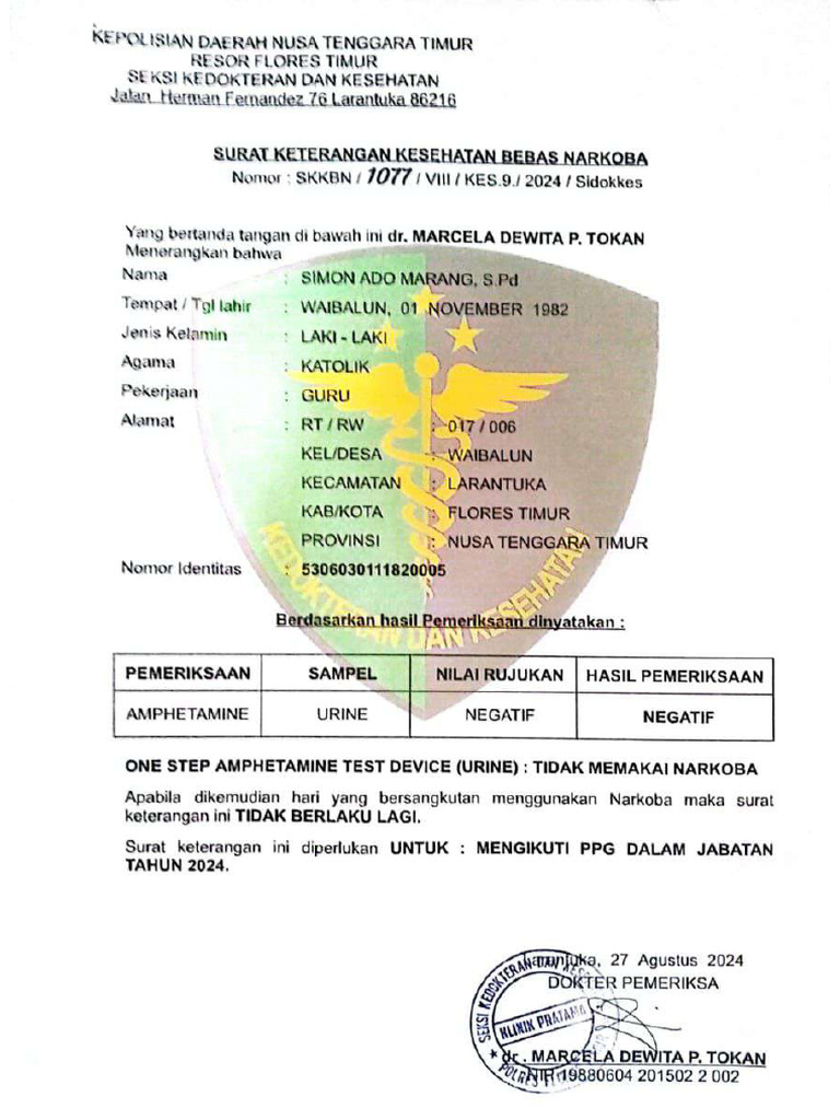 Surat Keterangan Bebas Narkoba | PDF