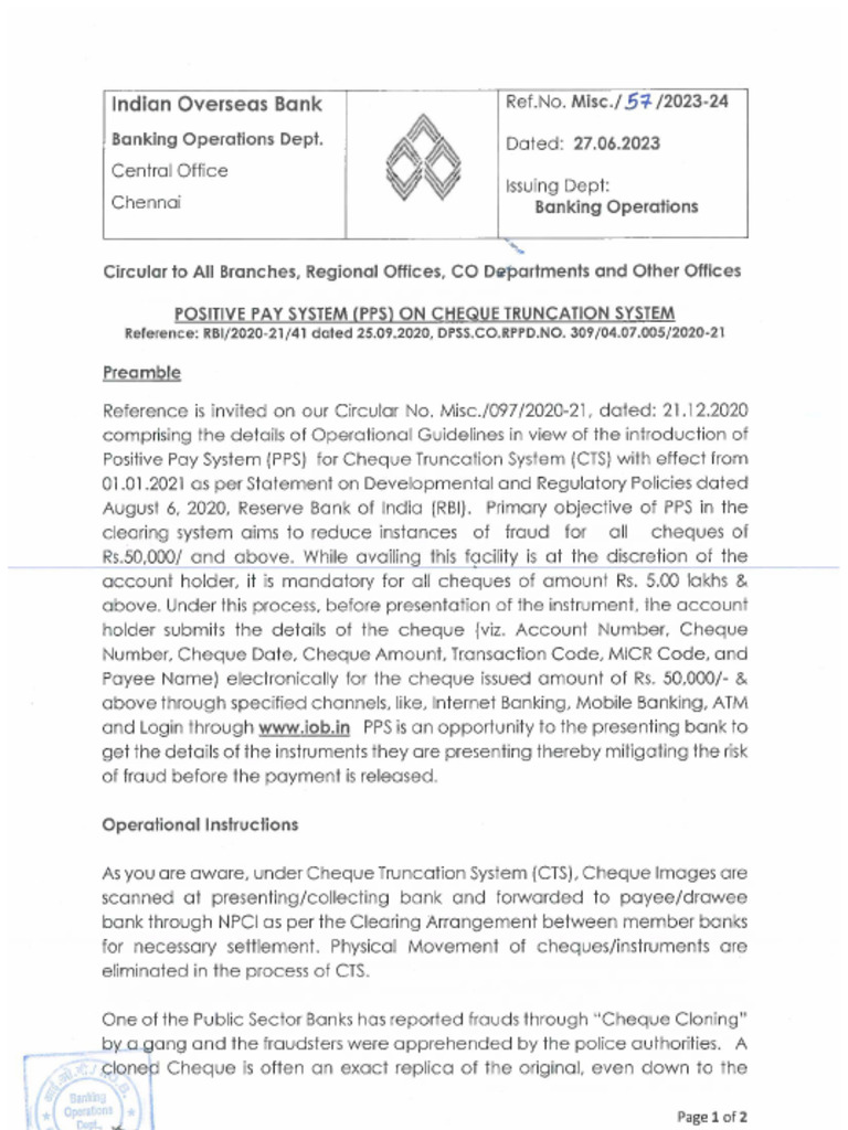 Positive Payment System On Cheque Truncation System | PDF