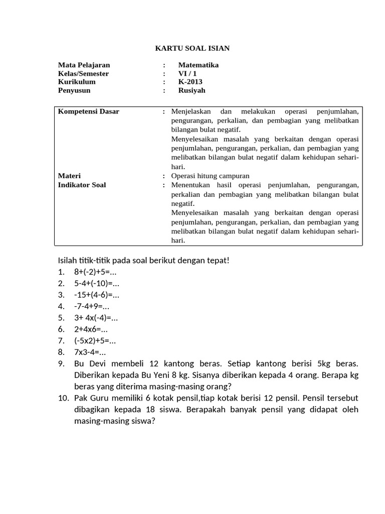 Kartu Soal Isian | PDF