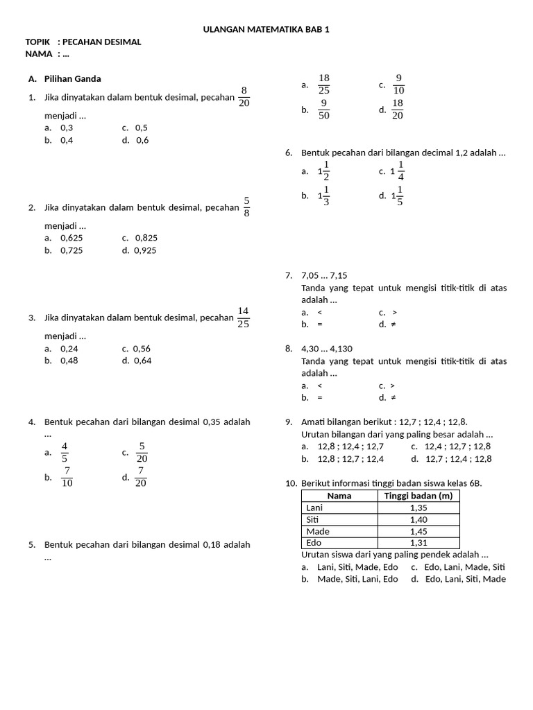 ULANGAN MATEMATIKA BAB 1 Desimal | PDF