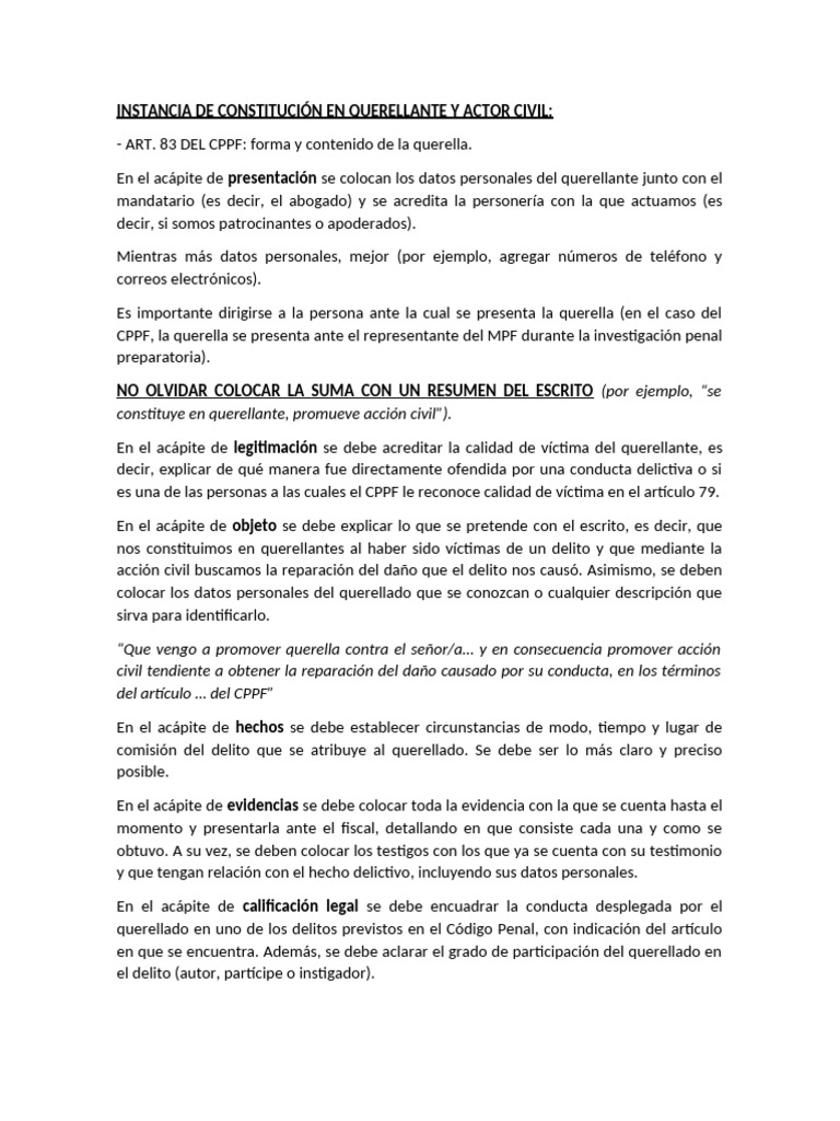 Instancia de Constitución en Querellante y Actor Civil | PDF