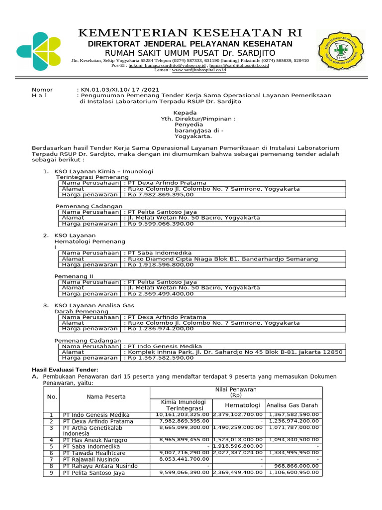 Pengumuman Pemenang Tender KSO ILT | PDF