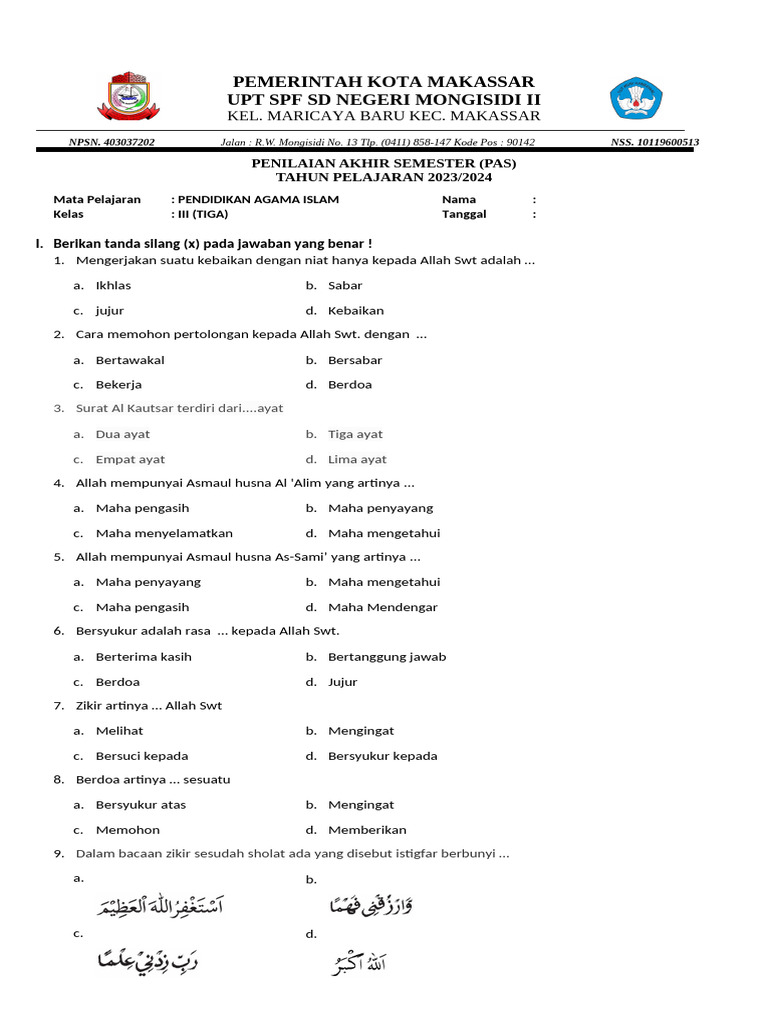 SOAL2 PAS PAI KLS 3-S2 | PDF