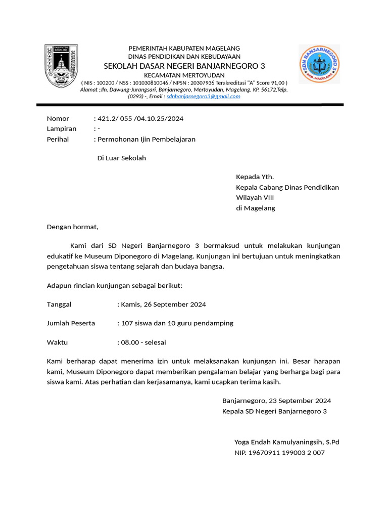 Surat Ijin Kunjungan Ke Museum Diponegoro | PDF