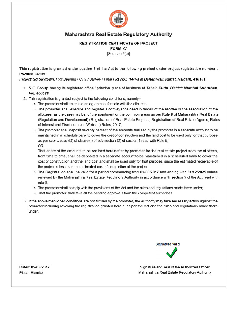 Rera Certificate S.G Group | PDF