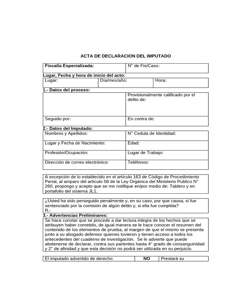 MODELO ACTA DE DECLARACION DEL IMPUTADO para Llenar | PDF | Ciencias sociales