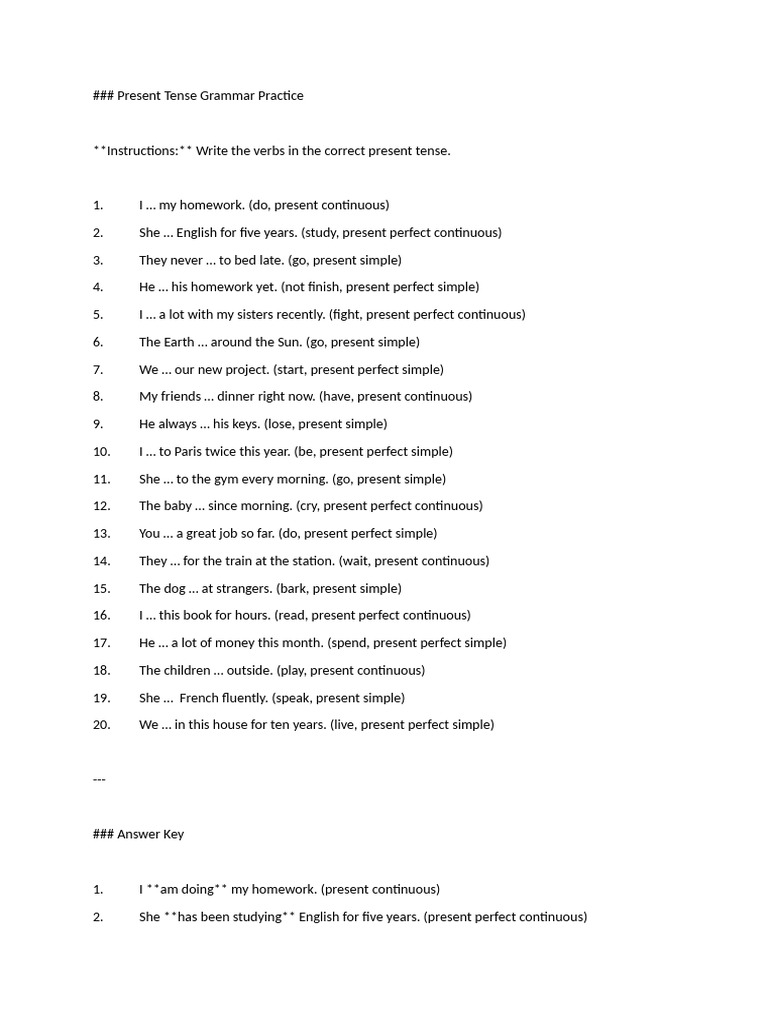 Present Tense Grammar Practice | PDF