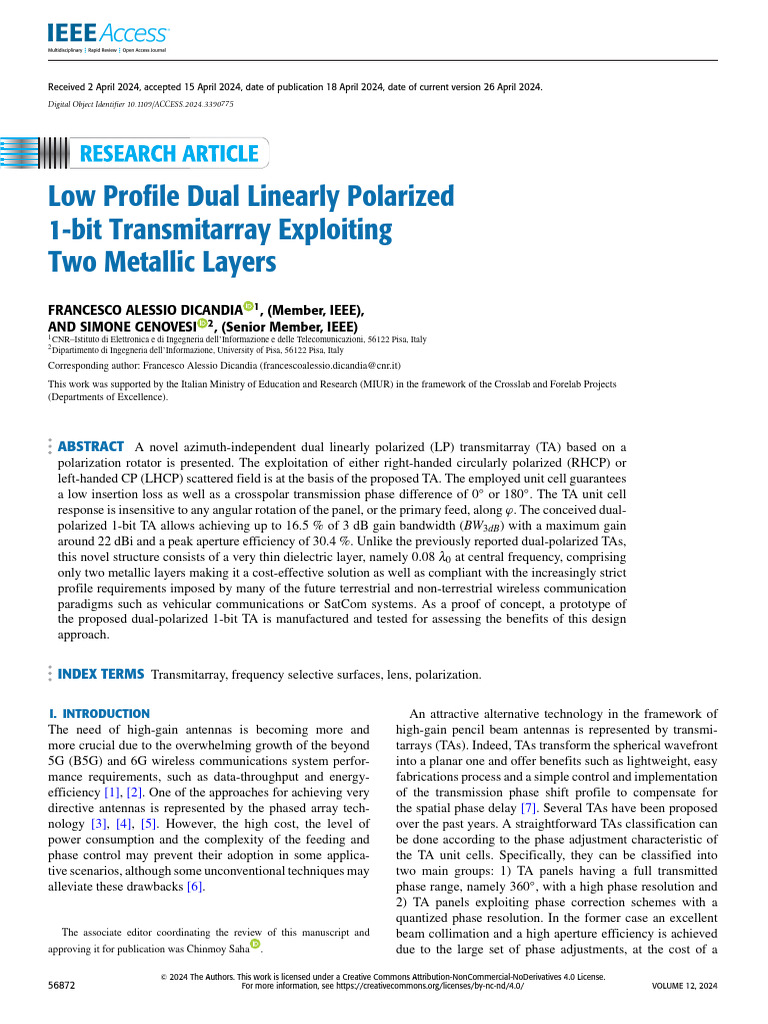 Low Profile Dual Linearly Polarized 1-Bit Transmitarray Exploiting Two Metallic Layers | PDF