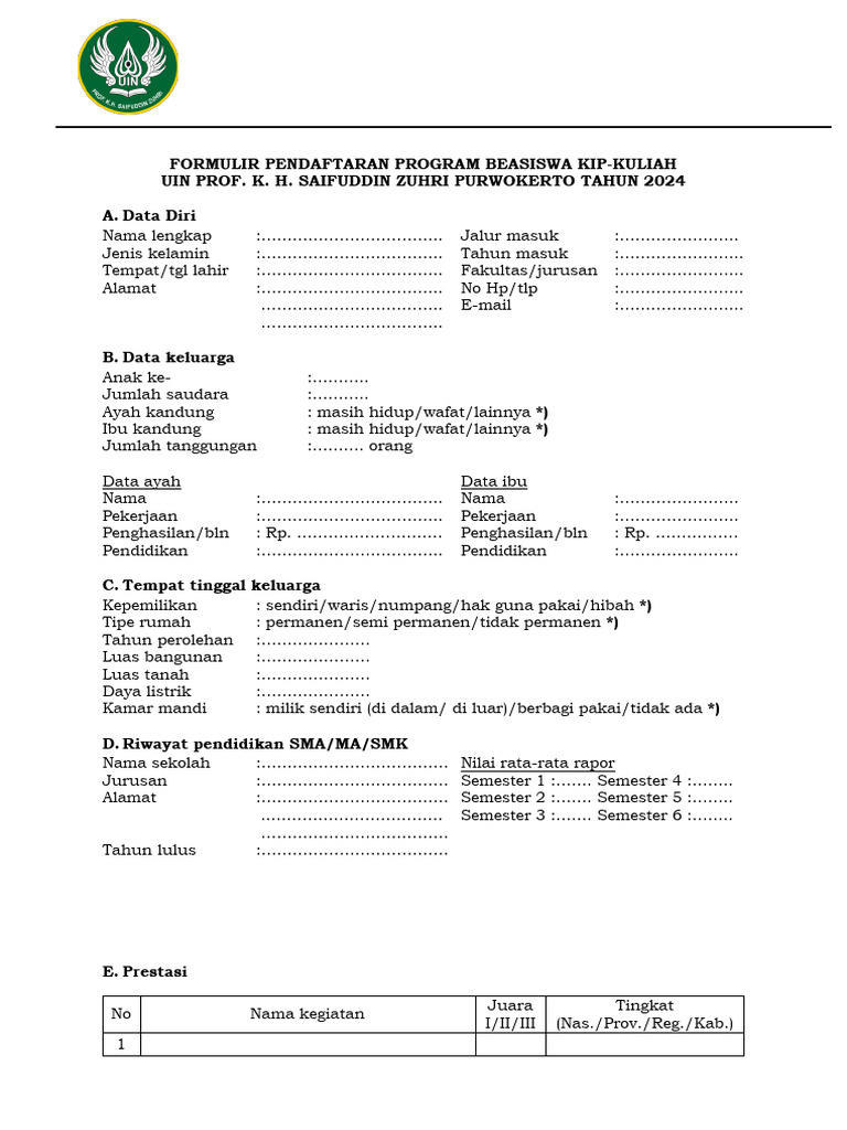 Formulir Pendaftaran Program Beasiswa Kip | PDF