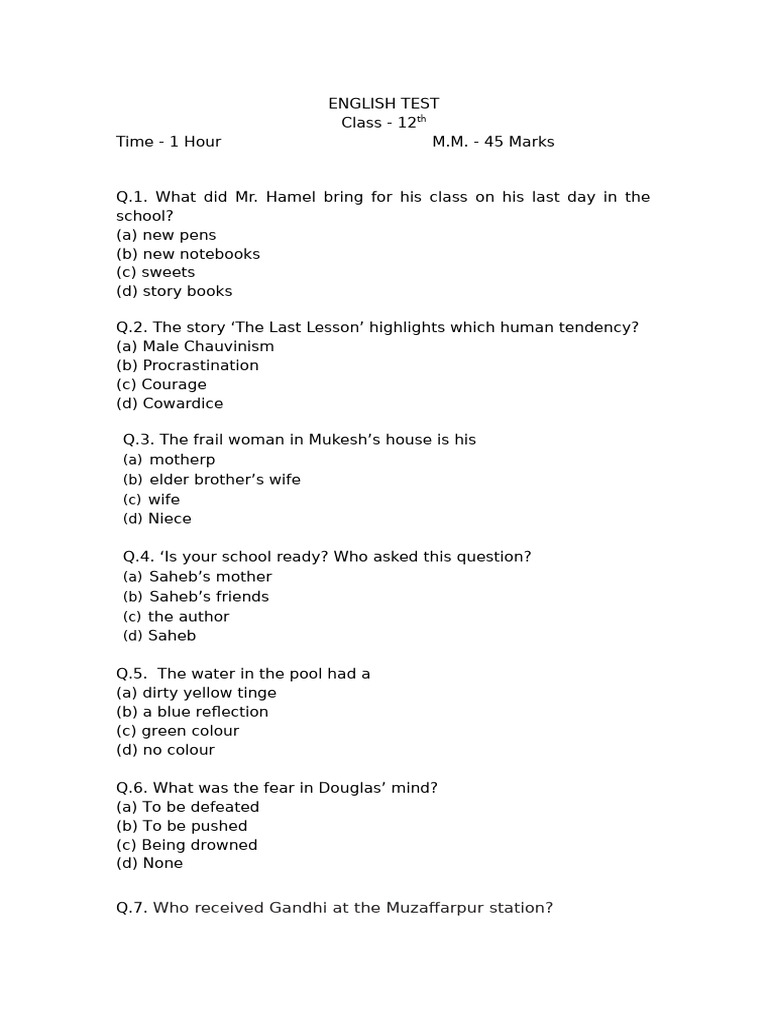 ENGLISH TEST 12th 4th Jan | PDF