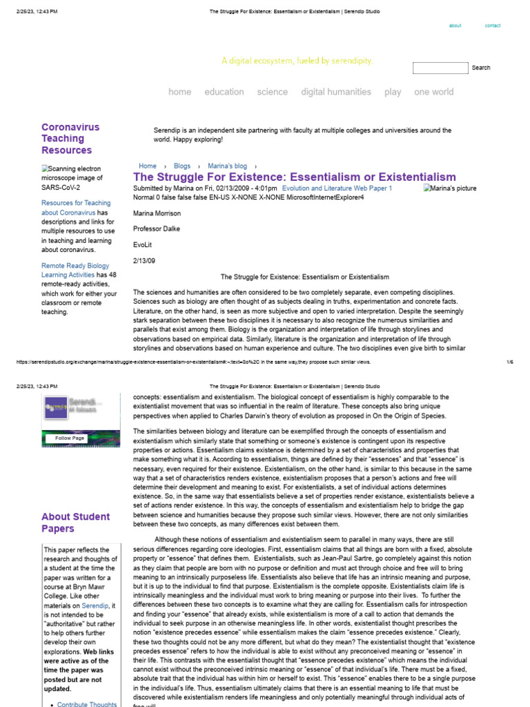 The Struggle For Existence Essentialism or Existentialism Serendip ...