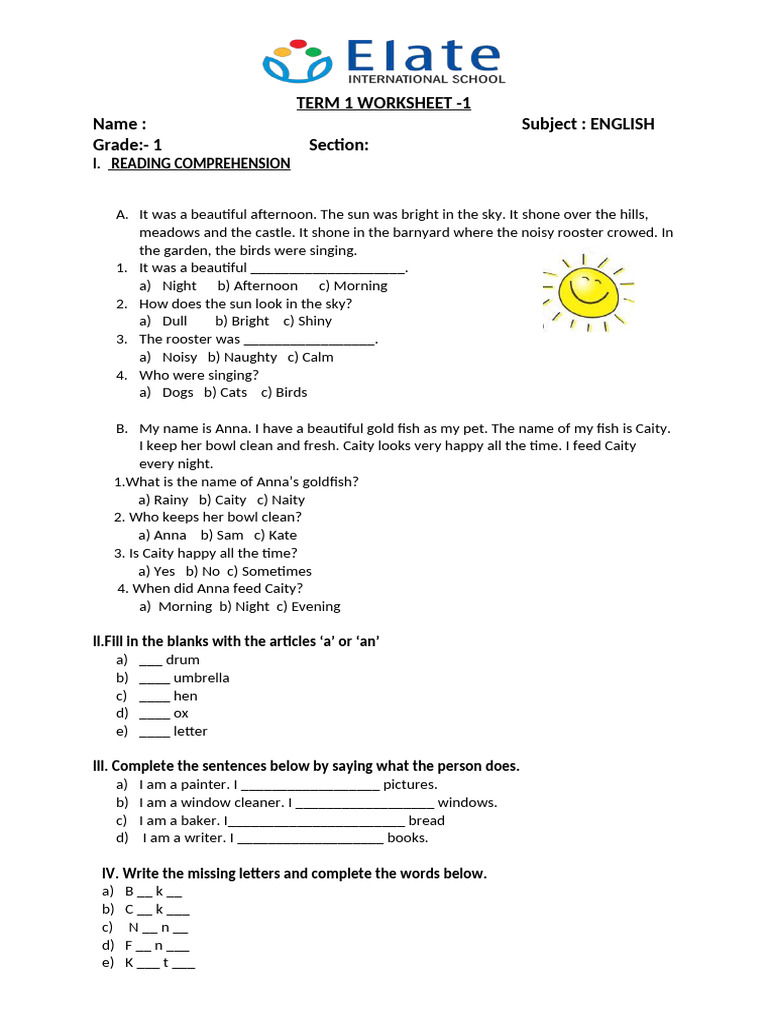 Term 1 Worksheet - 1 Name: Subject: English Grade:-1 Section | PDF