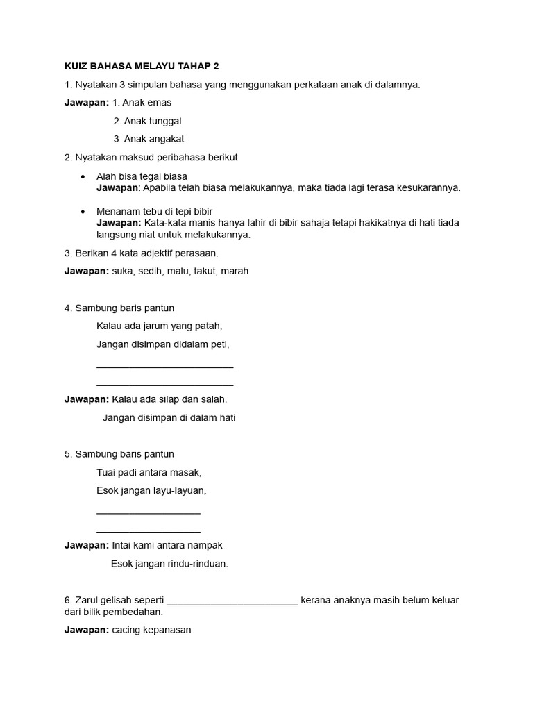 Kuiz Bahasa Melayu Tahap 2 | PDF