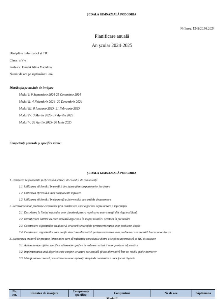 Planificare Anuala Clasa A Va Informatica Si Tic | PDF