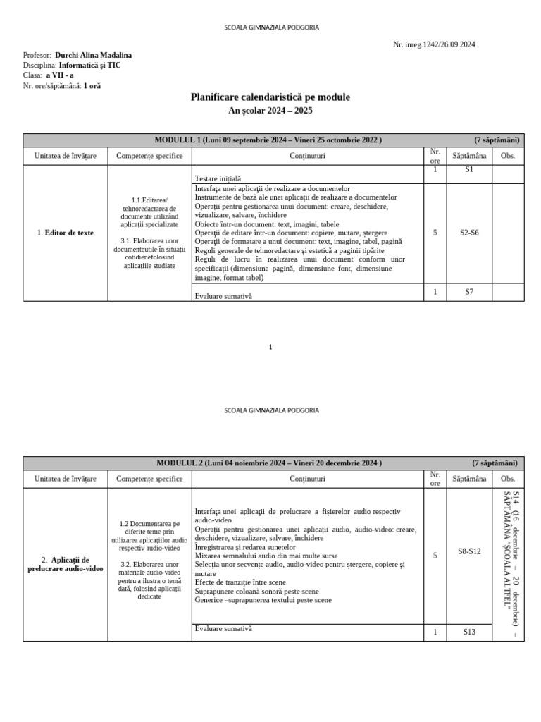 0 Planificare Pe Module Clasa A VII A Informatica | PDF