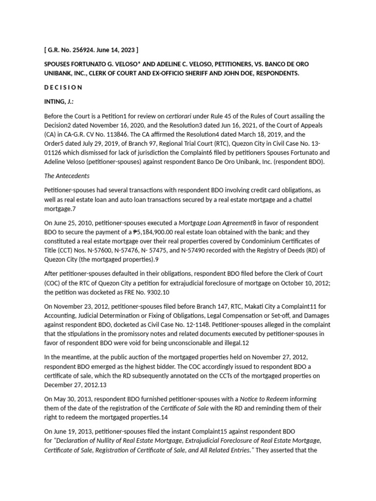 SP - Fortunato G. Veloso vs. Banco de Oro Unibank, Inc., Clerk of Court ...