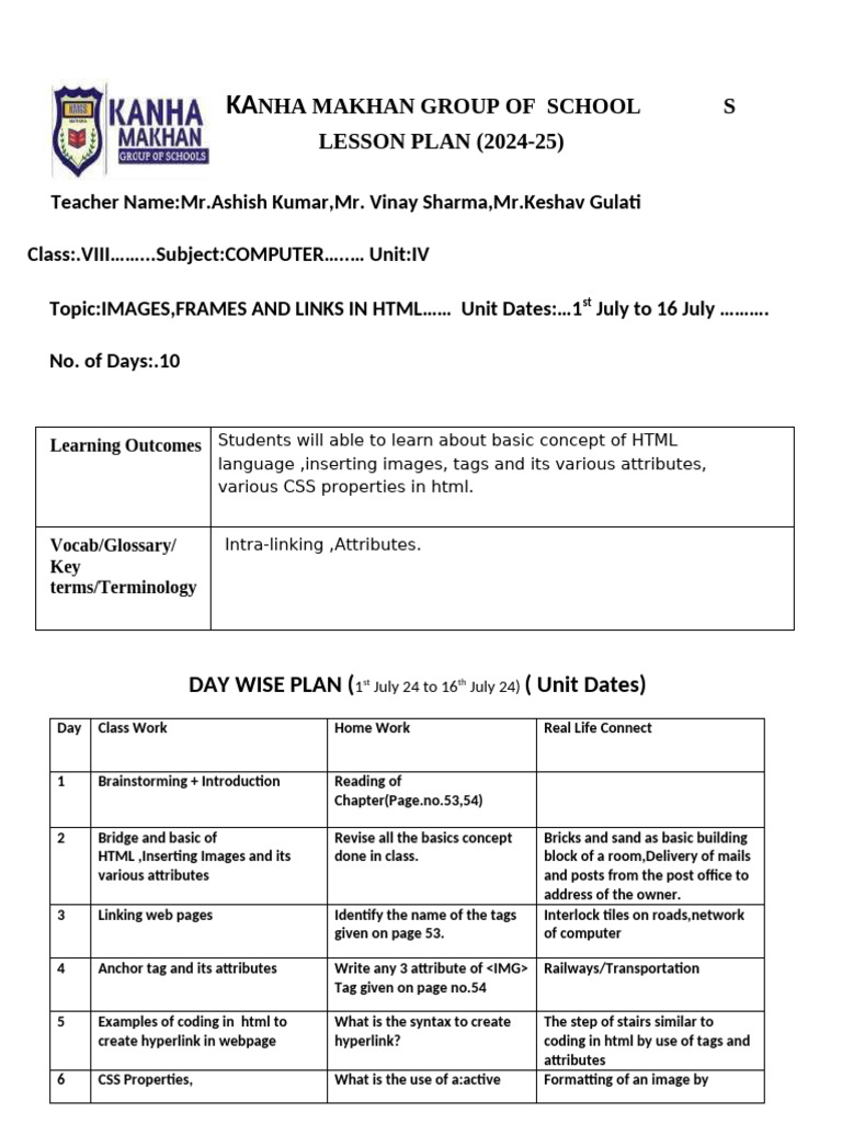 Computer ch4 Lession Planning | PDF | Hyperlink | Computers
