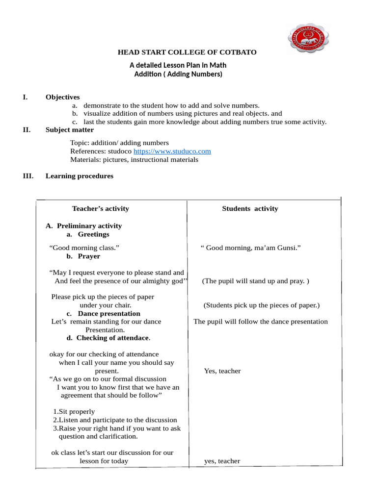 Math Lesson Plan | PDF