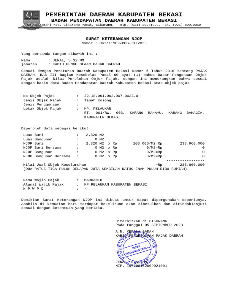 Surat Keterangan Njop | PDF