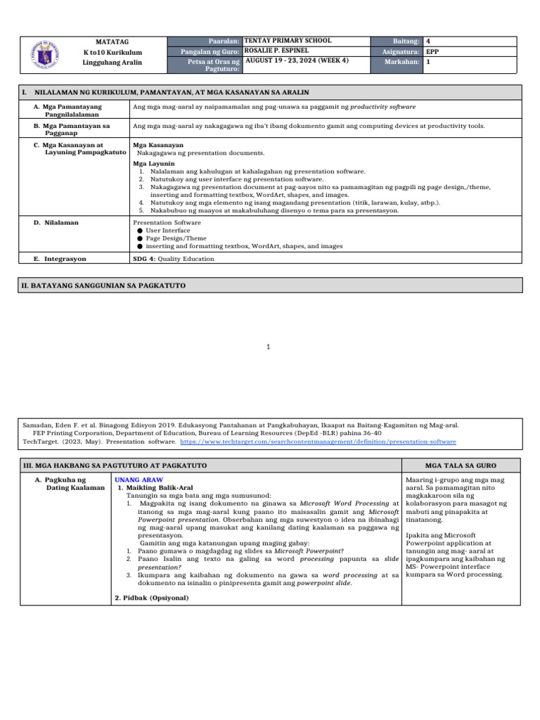 Dll Matatag _epp 4 q1 w4 | PDF