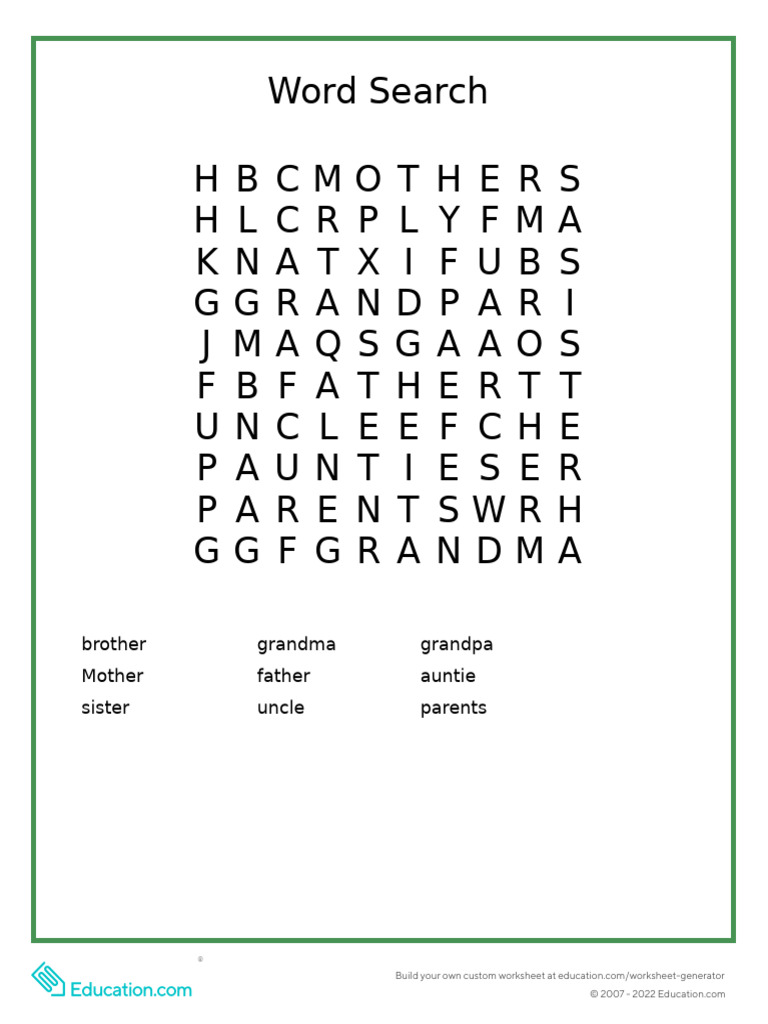 Family Word Search Worksheet | PDF