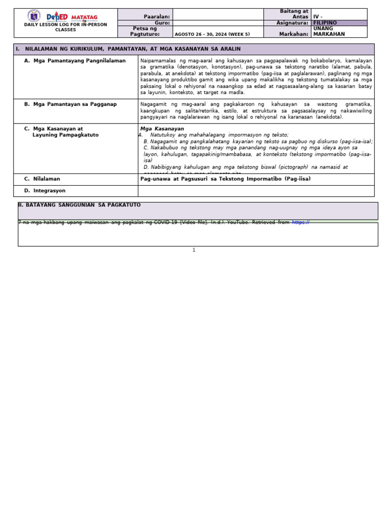 G4Q1W5 DLL FILIPINO (MATATAG) @sir Ims Free LE | PDF