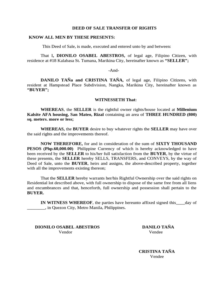 Deed of Sale Transfer of Rights Dionilo Abestros | PDF | Property Law | Law And Economics