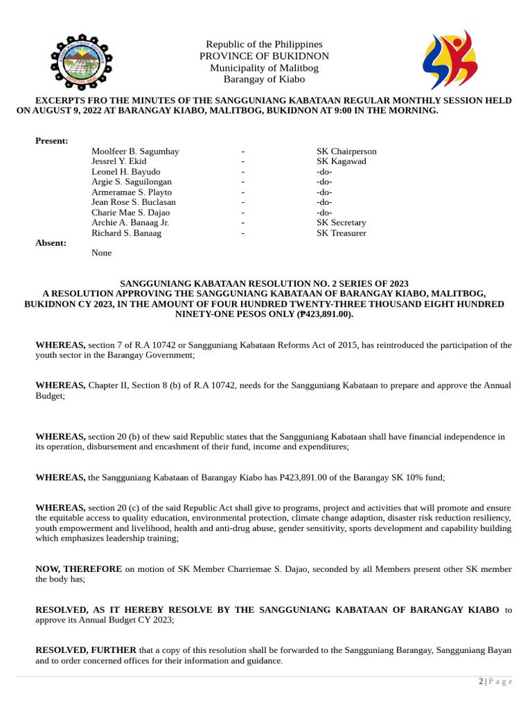 RESO APPROVING SK BUDGET 2023 | PDF