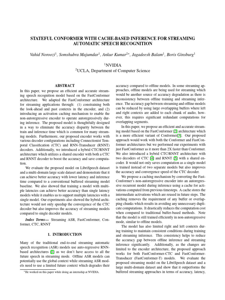 Stateful Conformer With Cache-Based Inference For Streaming Automatic Speech Recognition | PDF