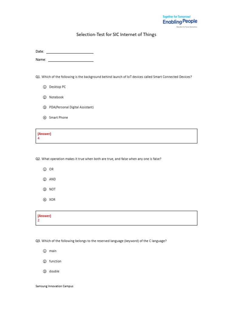 Selection-Test For SIC Internet of Things: Date: Name | PDF