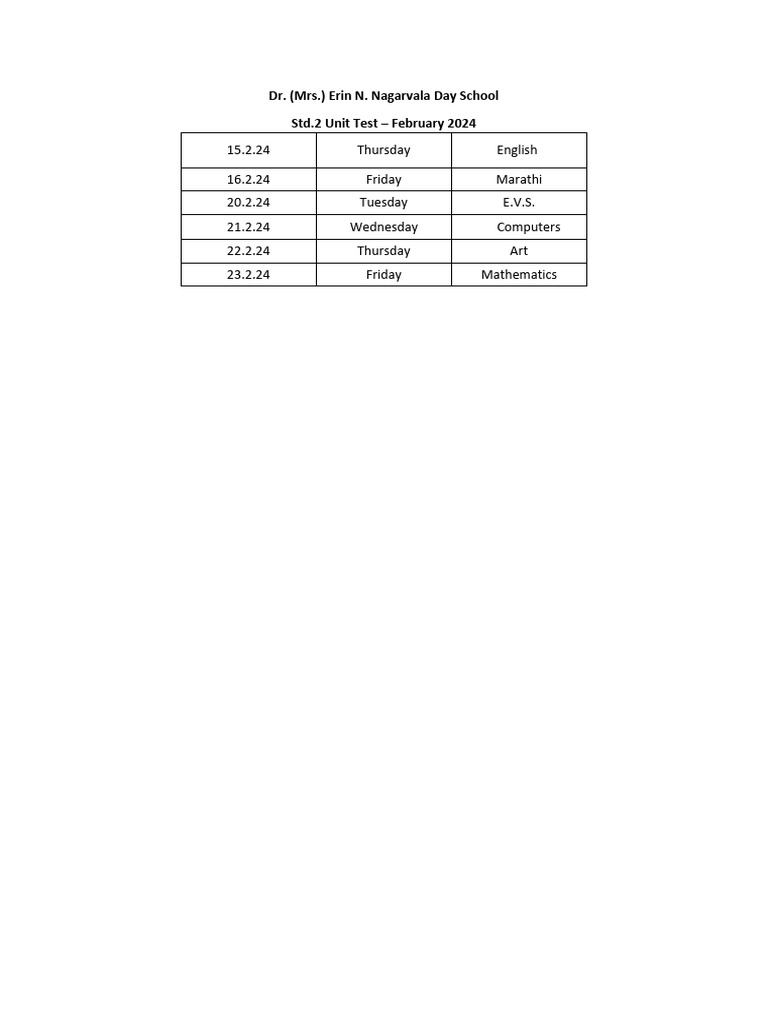 Std.2 Unit Test Time Table February 2024 | PDF