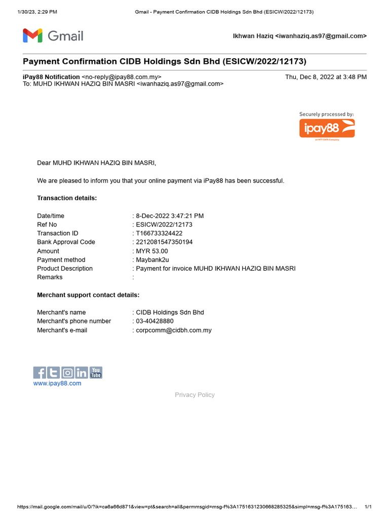 Gmail - Payment Confirmation CIDB Holdings SDN BHD (ESICW - 2022 - 12173) | PDF