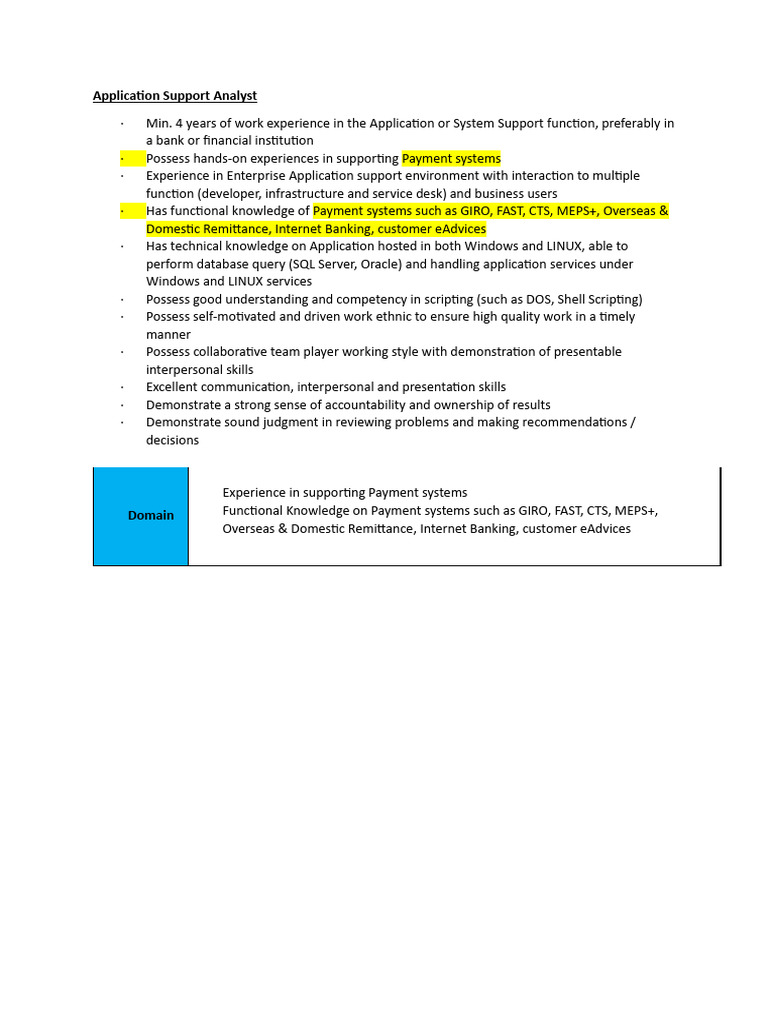 JD - Application Support Analyst - Payment Gateway | PDF