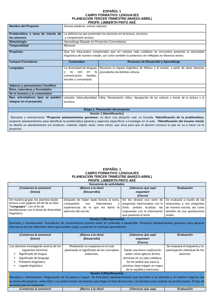 Planeacion Mensual. Español 1. Marzo Tercer Trim. | PDF