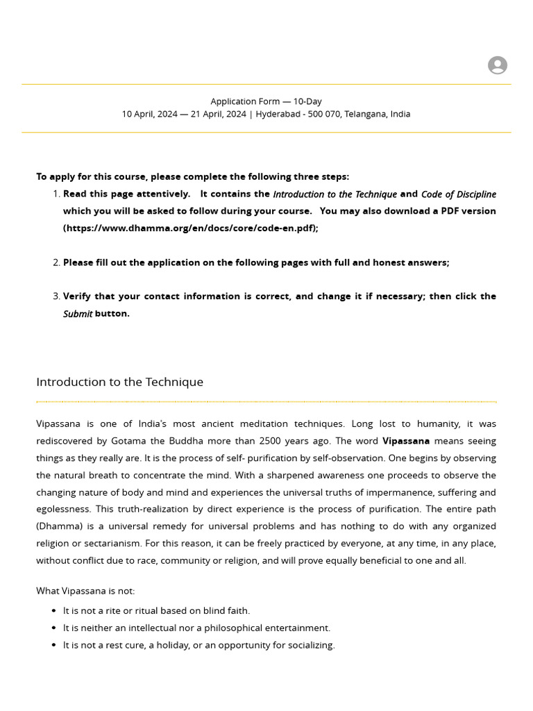 Vipassana Introduction, Code of Discipline and Timetable | PDF