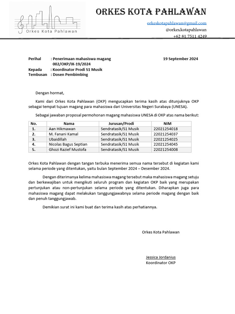 SURAT PENERIMAAN MAGANG UNESA | PDF