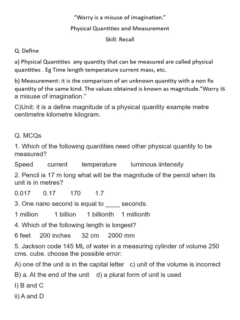 Class 6 Physical Quantities ch1 | PDF