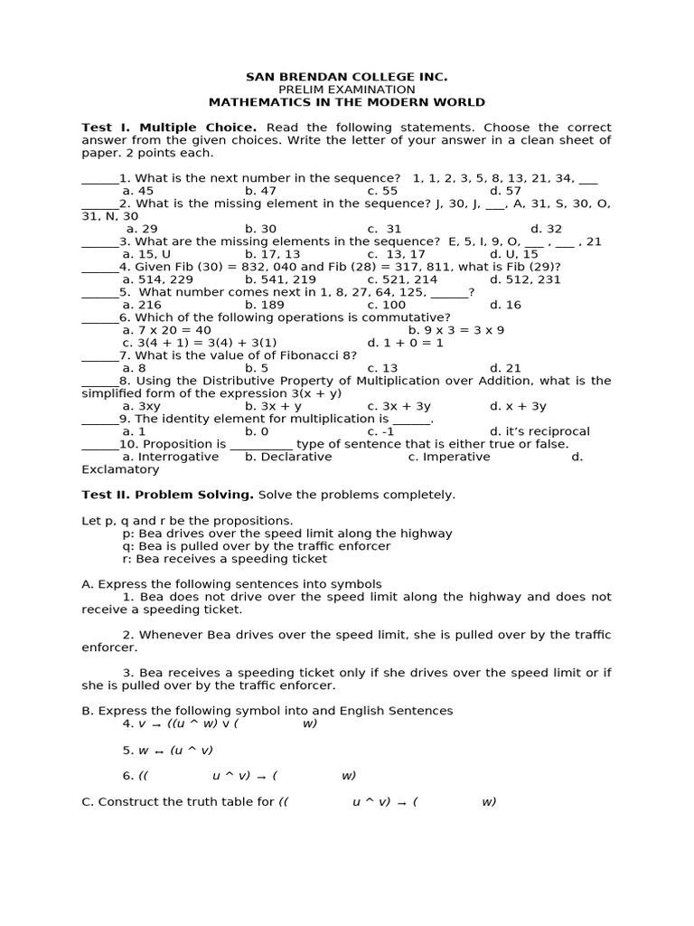 Prelim Math in Modern World-Recoco | PDF